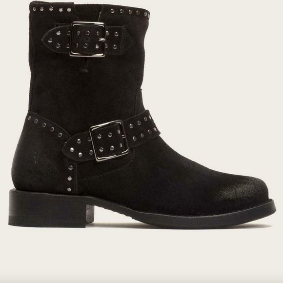 Frye | Shoes | Frye Vicky Stud Engineer Black Suede Short Boots 6 ...